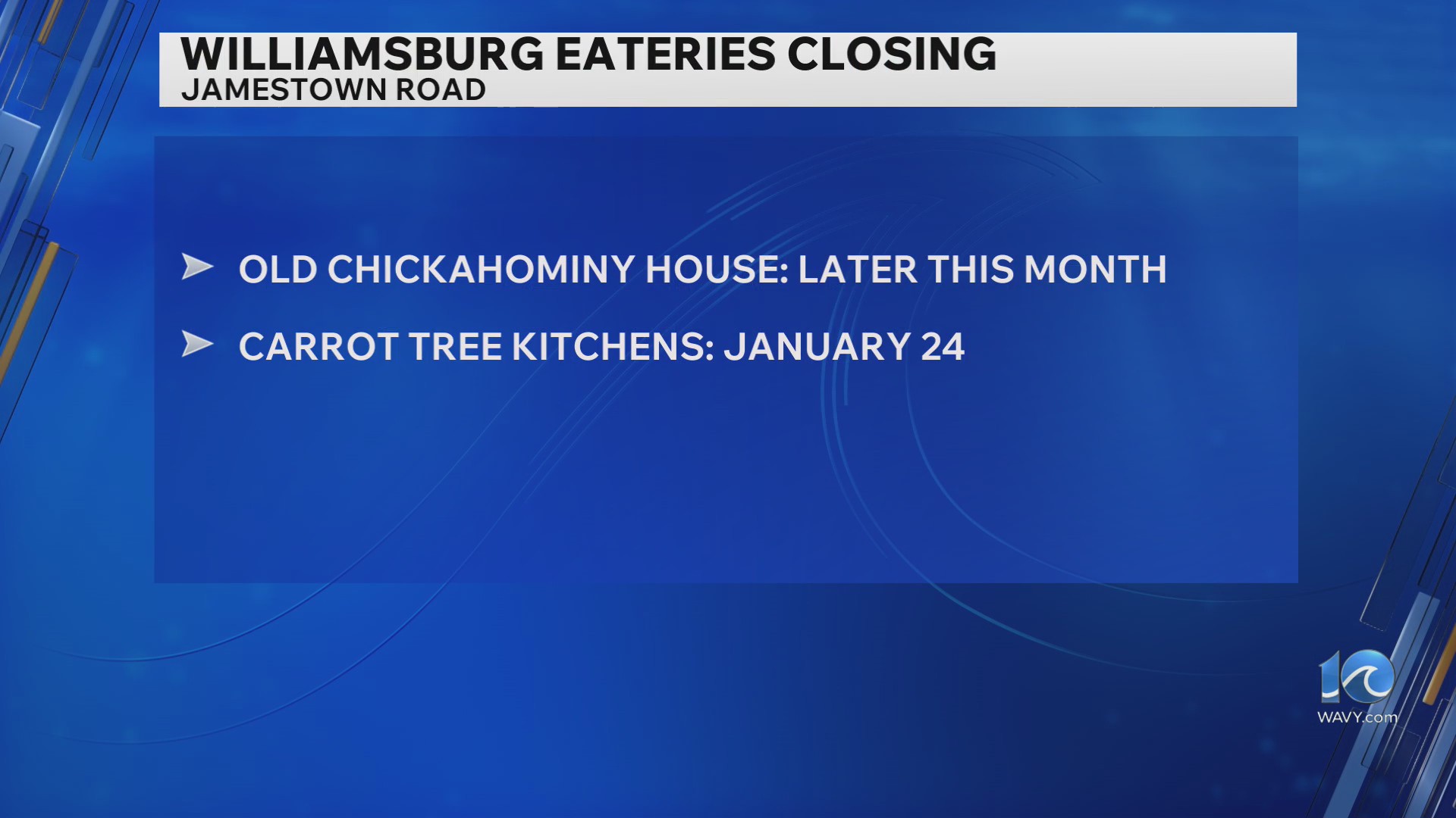 1 Williamsburg eatery closing, another relocating – WAVY.com