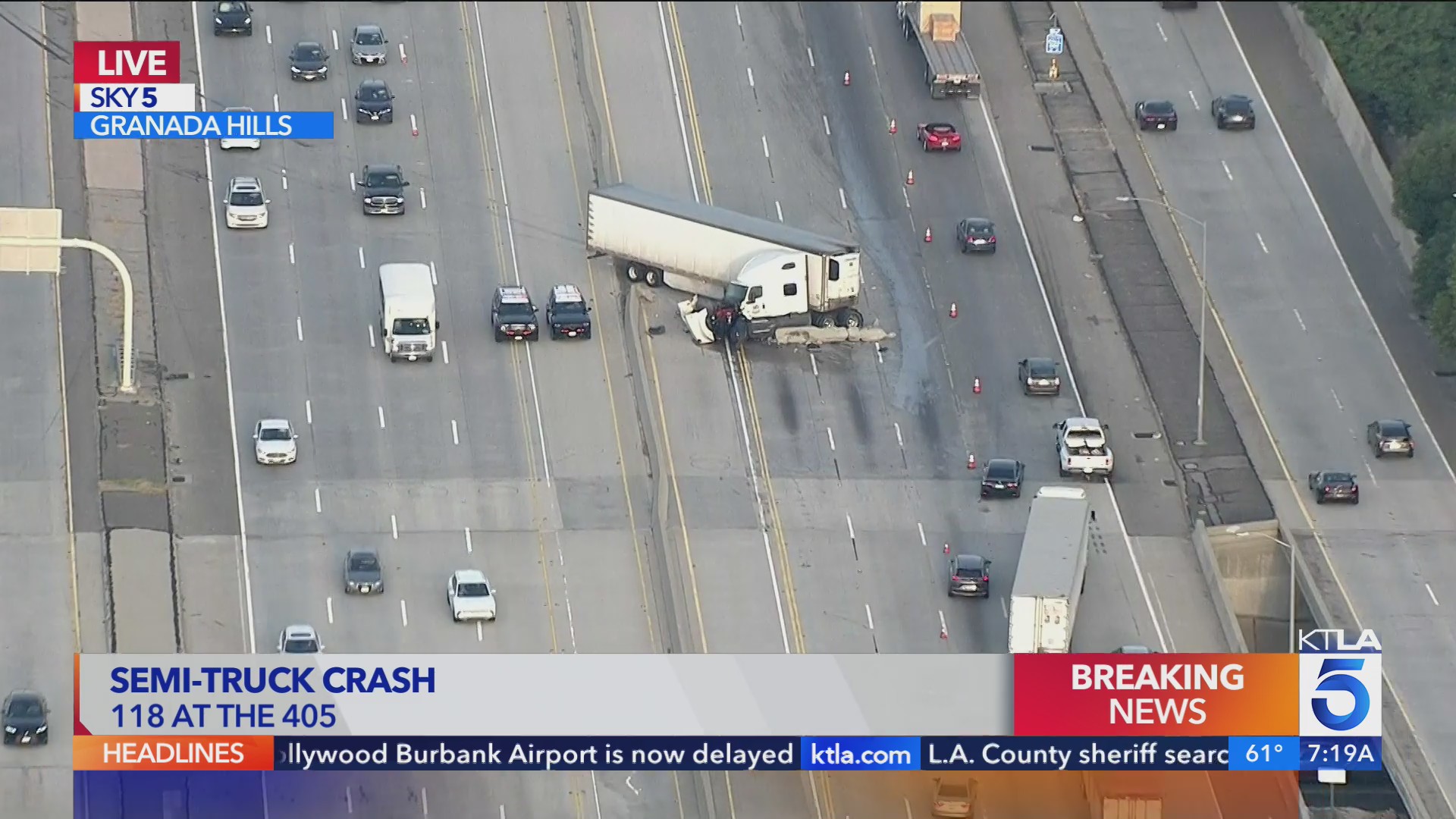 Sig alert: Big rig crashes through divider on 118 Freeway near 405 – KTLA