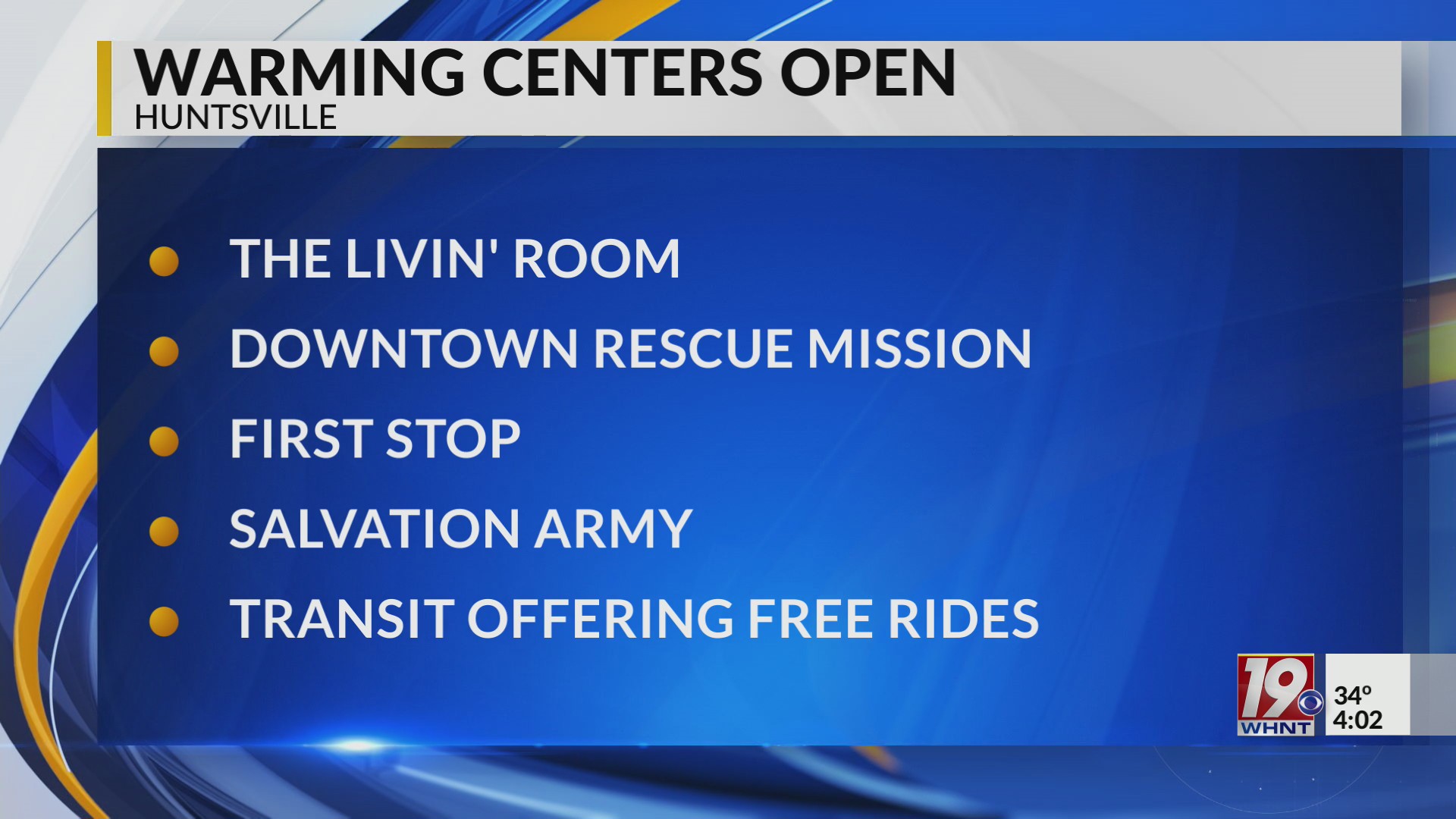 Warming Centers Open | Jan. 30, 2026 | News 19 at 4 p.m. – WHNT.com