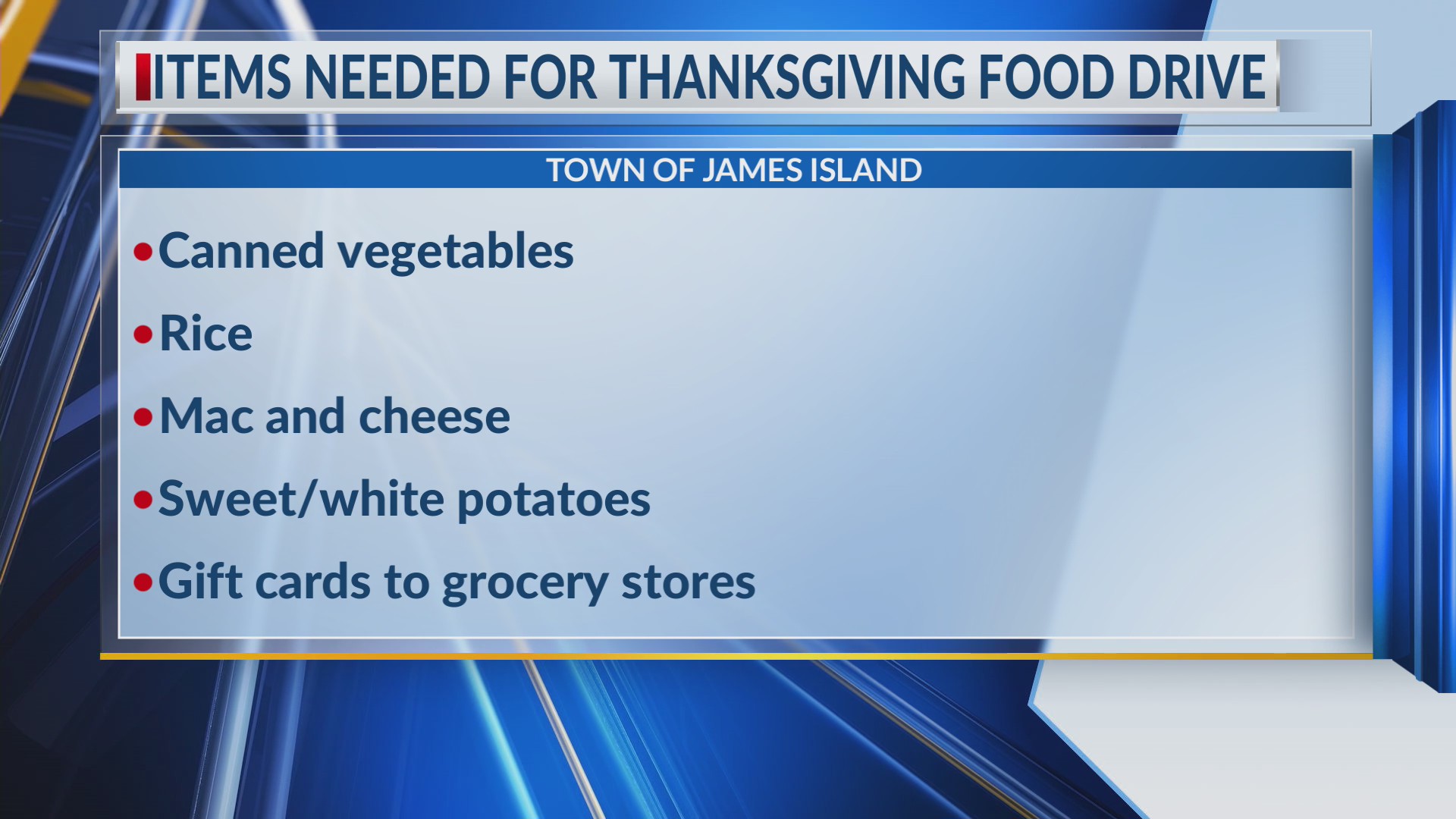 Items needed for Thanksgiving food drive – WCBD News 2