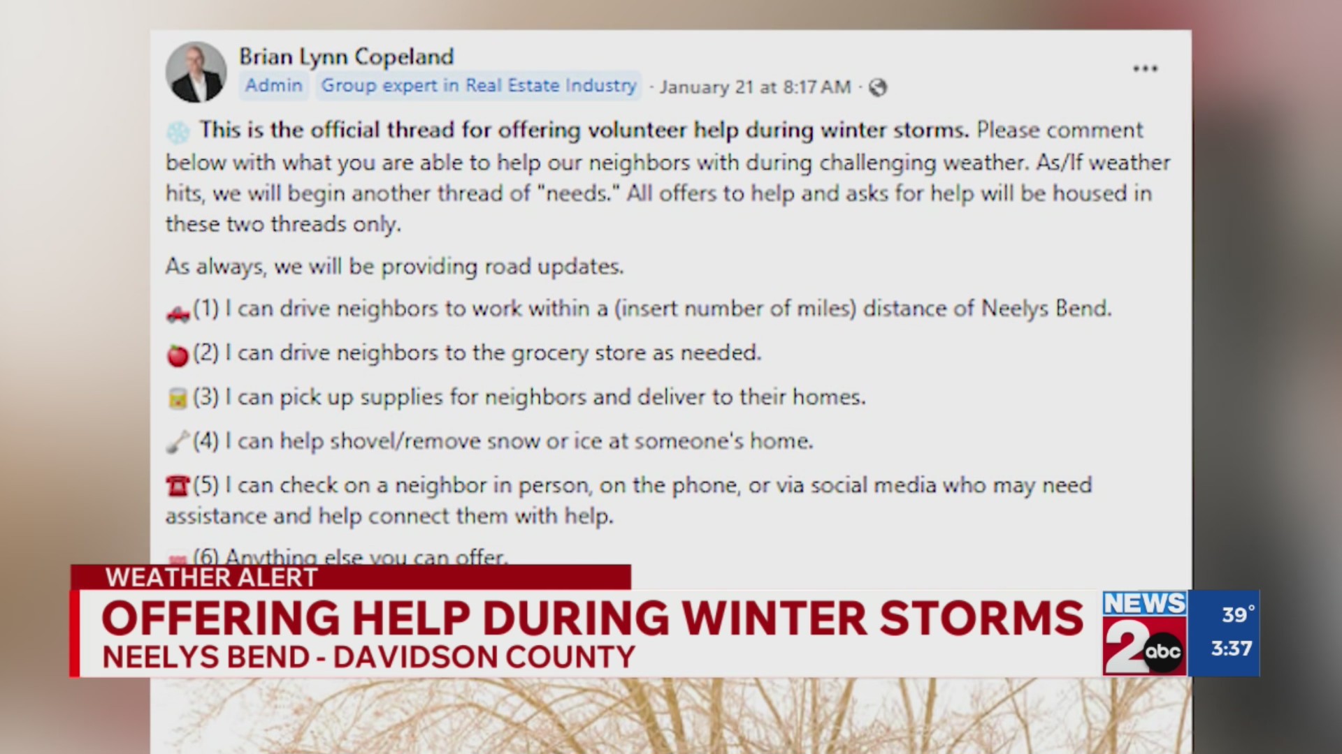 Neelys Bend neighbors offering help during winter storms – WKRN News 2
