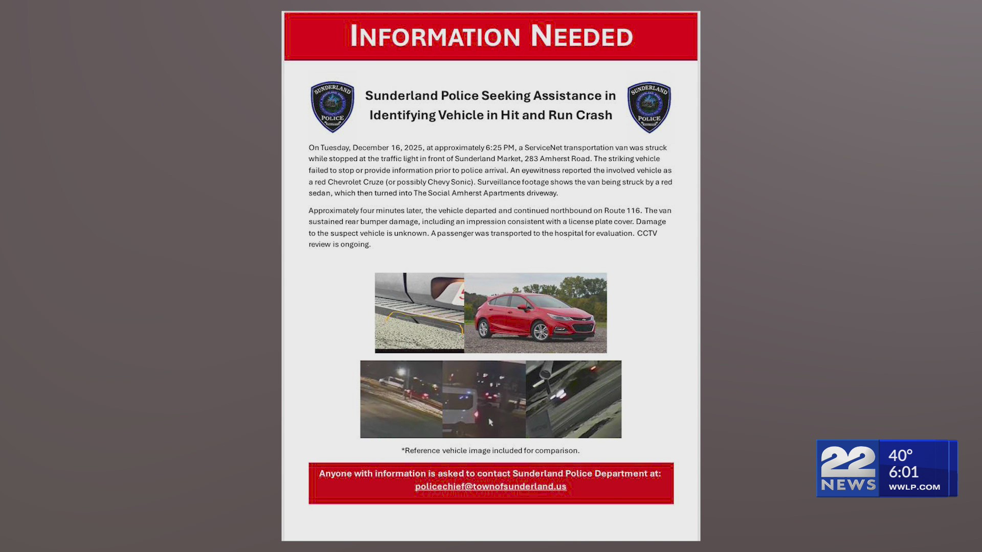 Sunderland police seek help identifying hit-and-run vehicle – WWLP