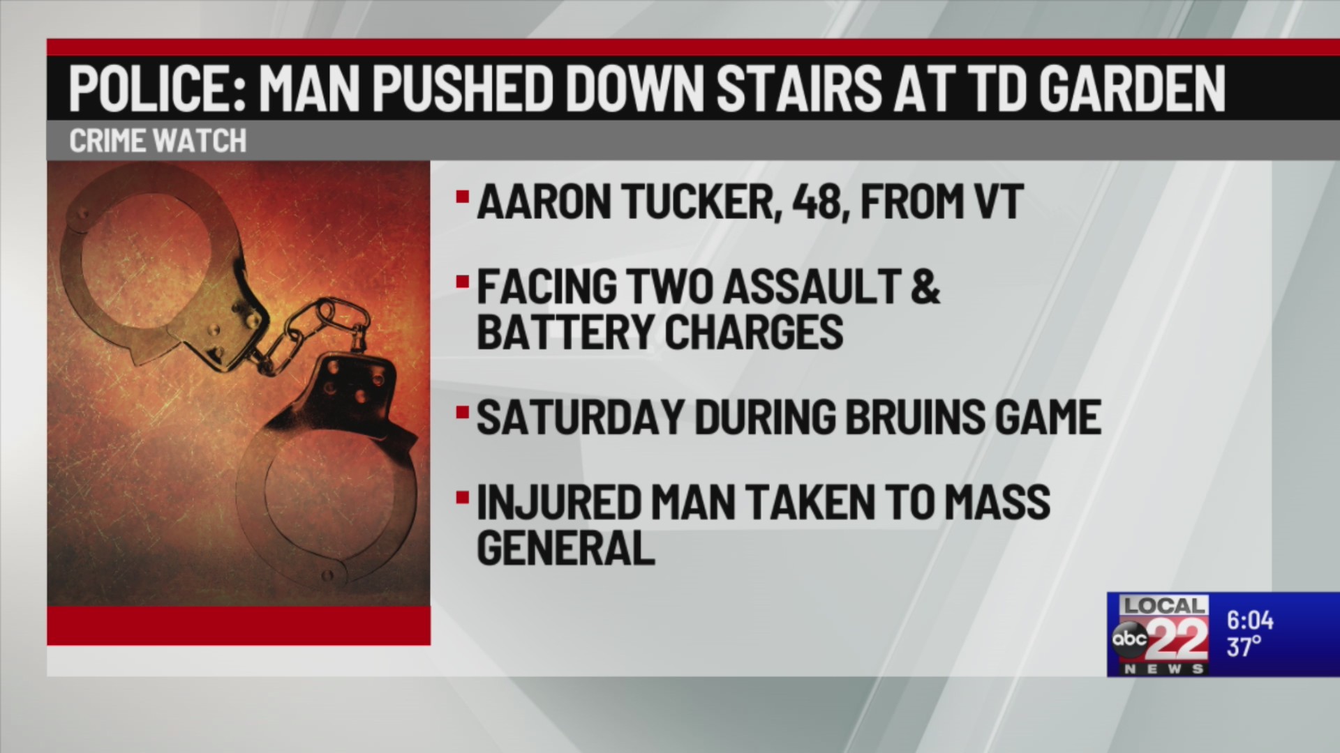 Vermont man facing charges after injury at Bruins game – ABC22 & FOX44